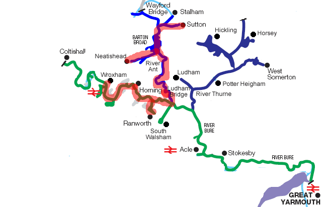 Route map for 3 night holiday from Horning